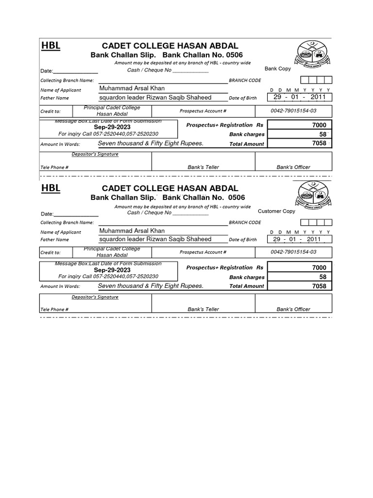Chalan Form For Admission in CCH | PDF | Banks | Deposit Account