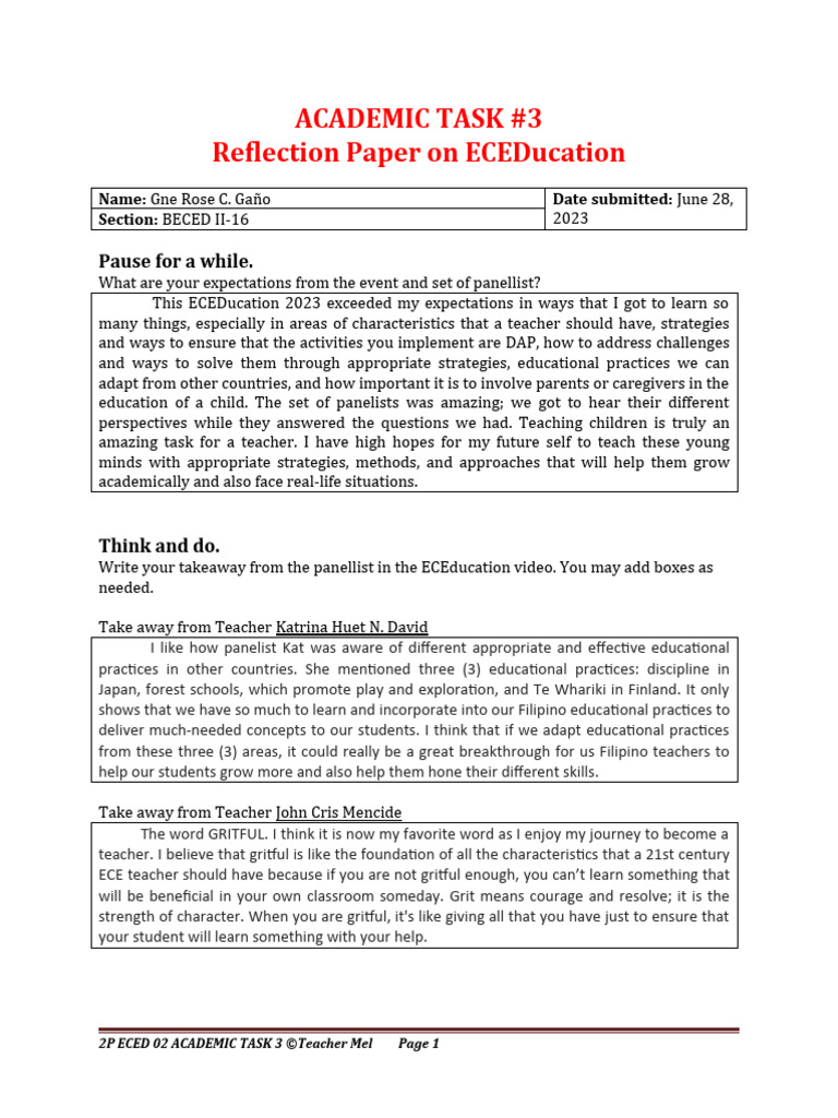ACADEMIC TASK #3 - Reflection Paper On ECEDucation | PDF | Teachers | Early Childhood Education
