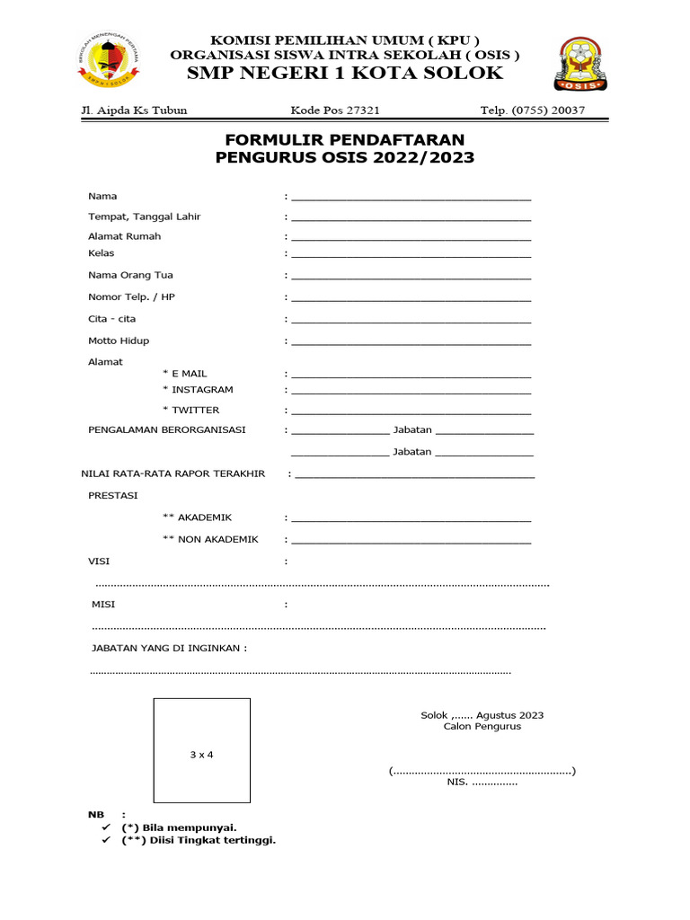 Formulir Pendaftaran Calon Pengurus | PDF