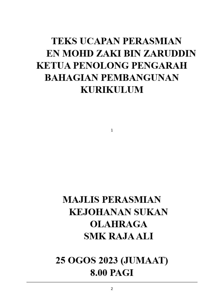 Teks Ucapan Perasmian Kejohanan Sukan Olahraga SMK Raja Ali Kali Ke 47 ...