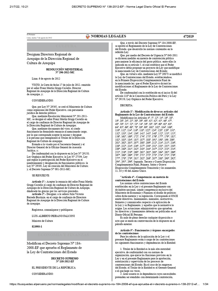 00 5 Decreto Supremo #138-2012-Ef 18 09 2012 - 08.01.2016 | PDF | Presupuesto | Mercado (economía)