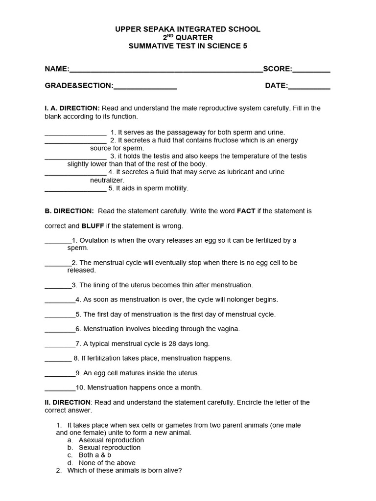 Quarter Test Science 5 Quarter 2 | PDF | Menstrual Cycle | Flowers