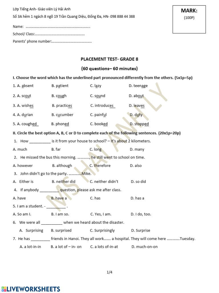 English Placement Test-Grade 8 | PDF