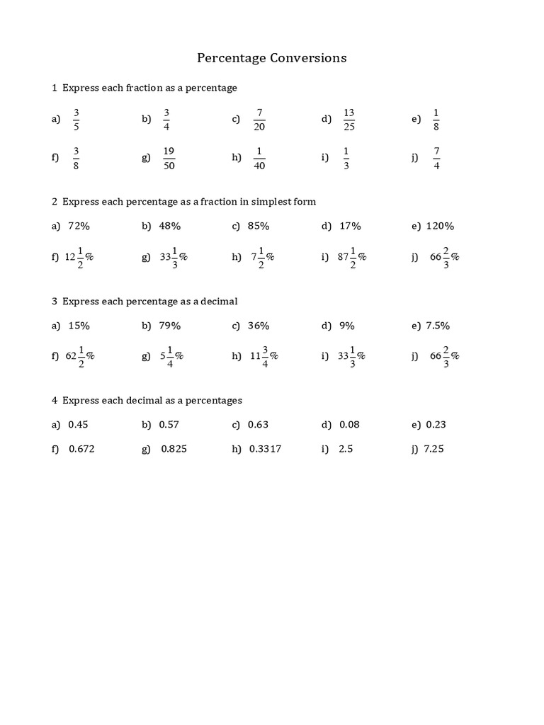 1 Percentage Conversions | PDF | Division (Mathematics) | Naming Conventions