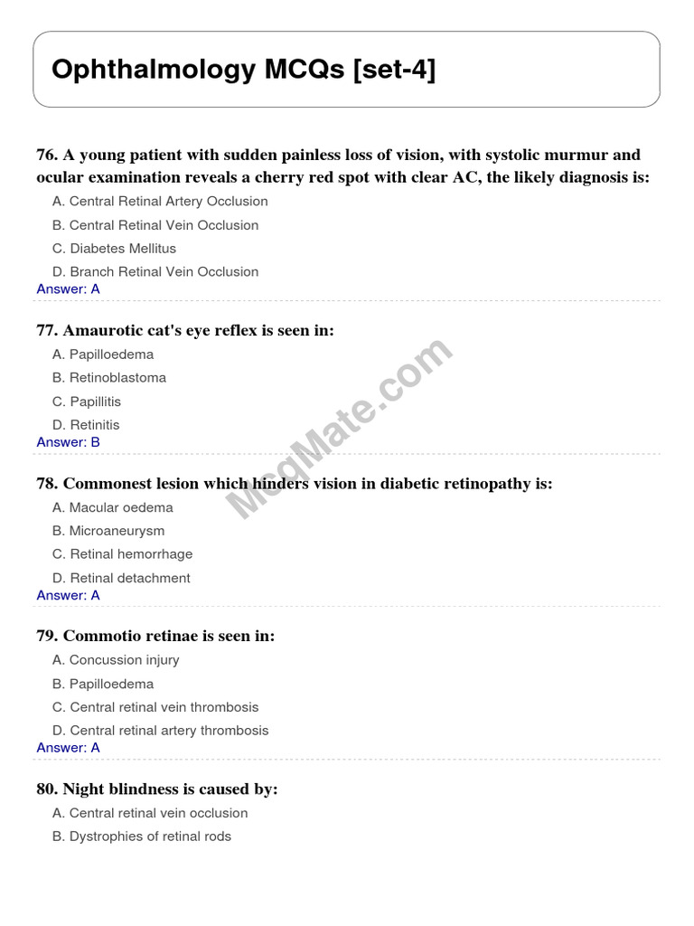 Ophthalmology MCQs Set 4 | PDF | Retina | Nervous System
