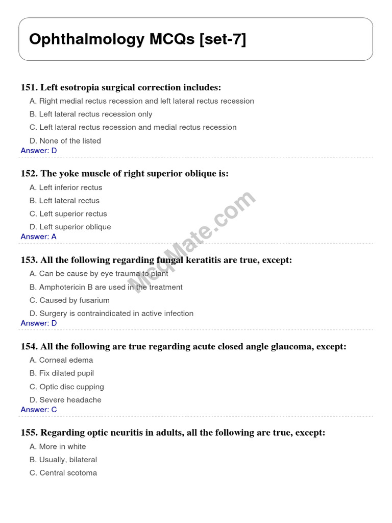 Ophthalmology Set 7 | PDF | Eye | Nervous System