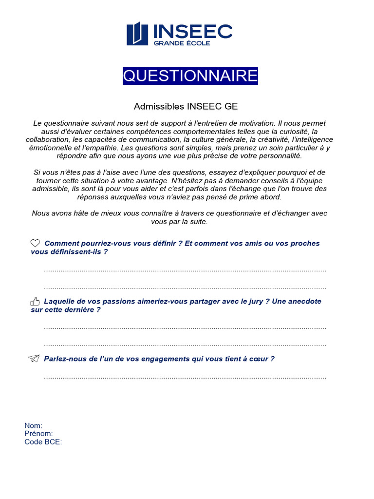 Questionnaire d'admission INSEEC GE | PDF | Psychologie | Cognition