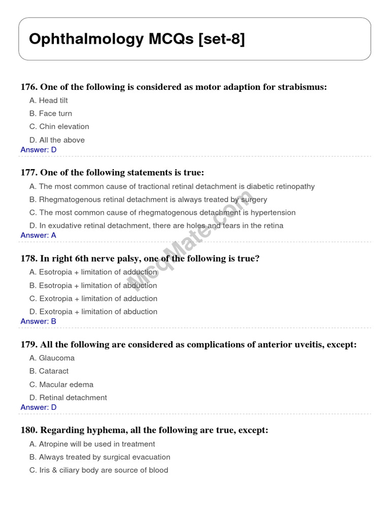 Ophthalmology MCQs Set 8 | PDF | Glaucoma | Visual System