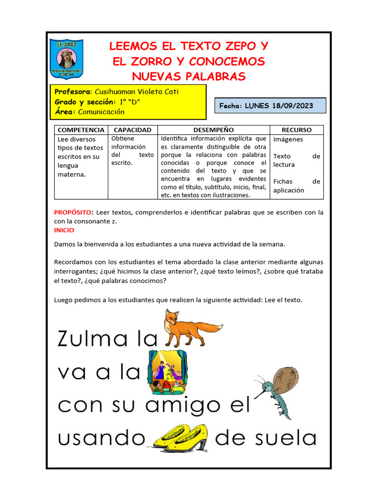 Zepo y el Zorro: Lectura y Actividades | PDF | Evaluación | Cognición