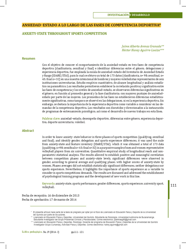 Arenas (2014) - Ansiedad Estado A Lo Largo de Las Fases Competitivas en El Deporte | PDF ...