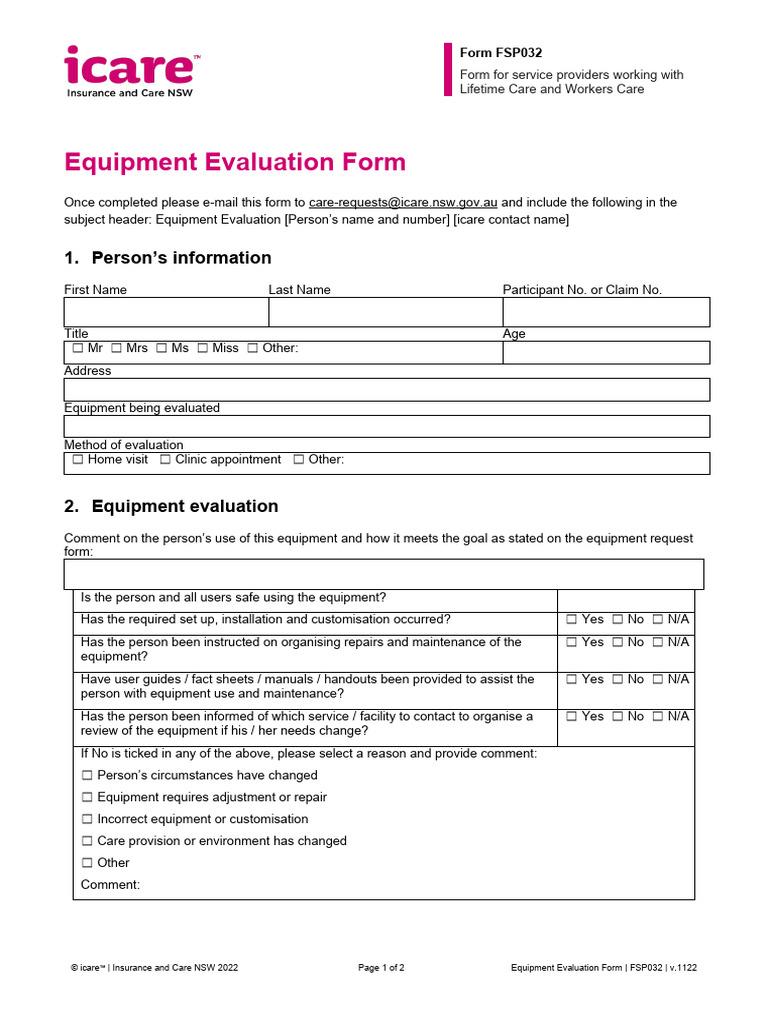 Equipment Evaluation Form for Care Services | PDF | Career & Growth ...