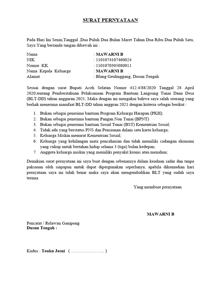SURAT PERNYATAAN BLT | PDF