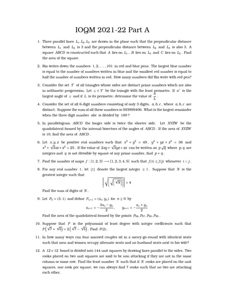 IOQM 2021 Question Paper With Solutions | PDF | Area | Triangle