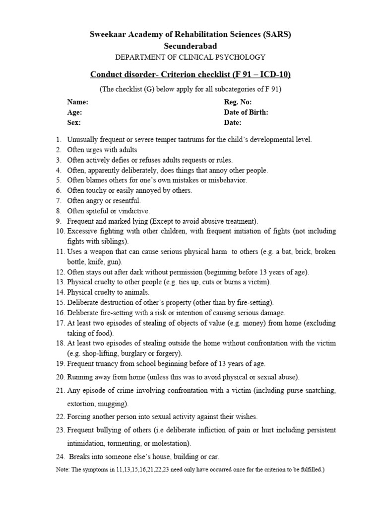 Conduct Disorder Checklist | PDF | Sexual Abuse | Causes Of Death