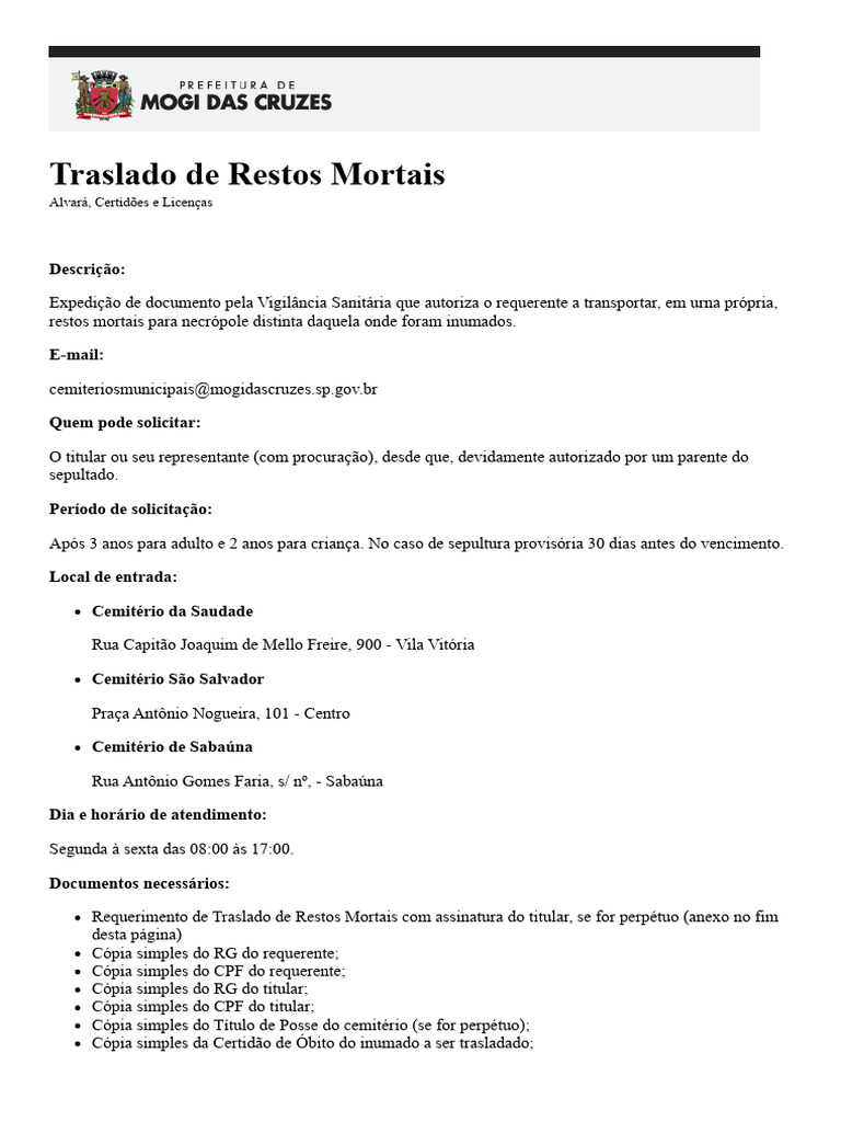Guia para Traslado de Restos Mortais | PDF