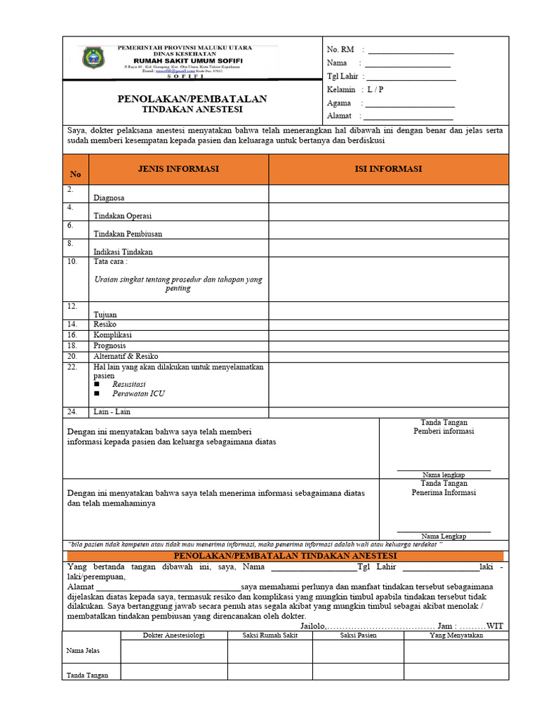 Form Penolakan Anestesi. | PDF