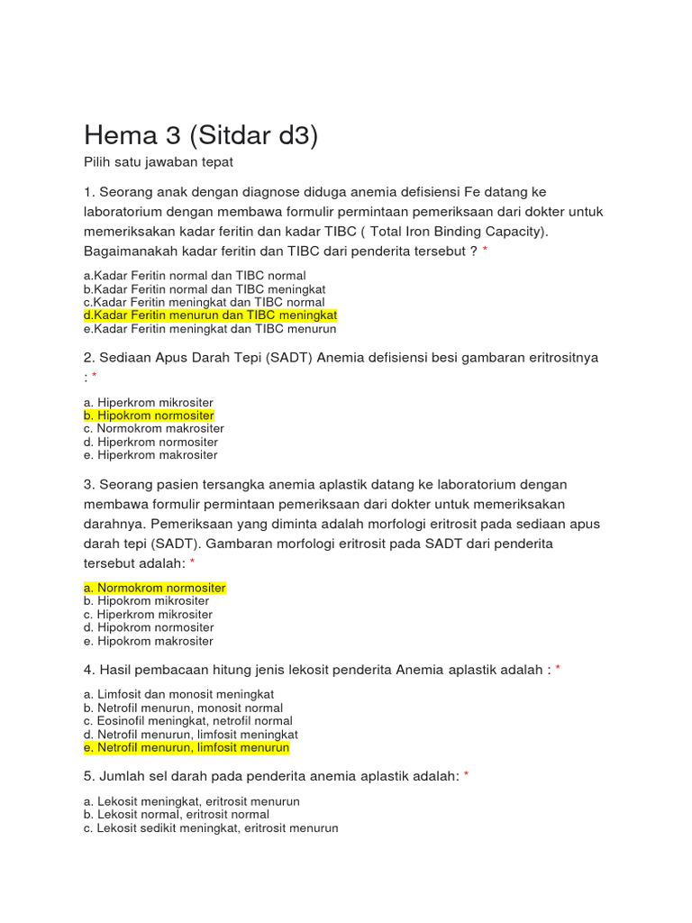 Jawaban Uts Sitologi Darah-Hema 3 | PDF