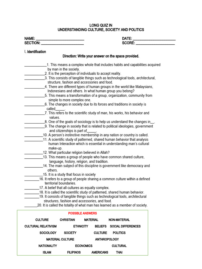 Long Quiz in Ucsp | PDF | Society | Science