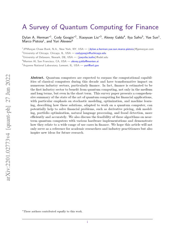 A Survey of Quantum Computing For Finance | PDF | Quantum Computing ...