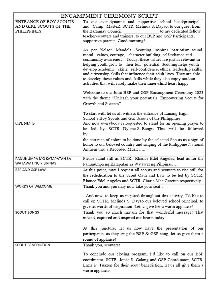 Encampment Ceremony Script Final | Download Free PDF | Scouting | Boy Scouts Of America