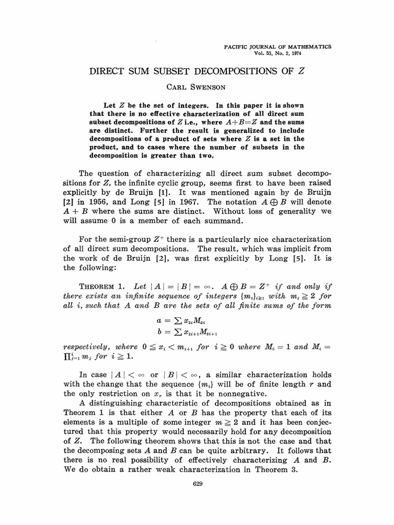 Direct Sum Subset Decompositions of Z: Carl Swenson | Download Free PDF ...
