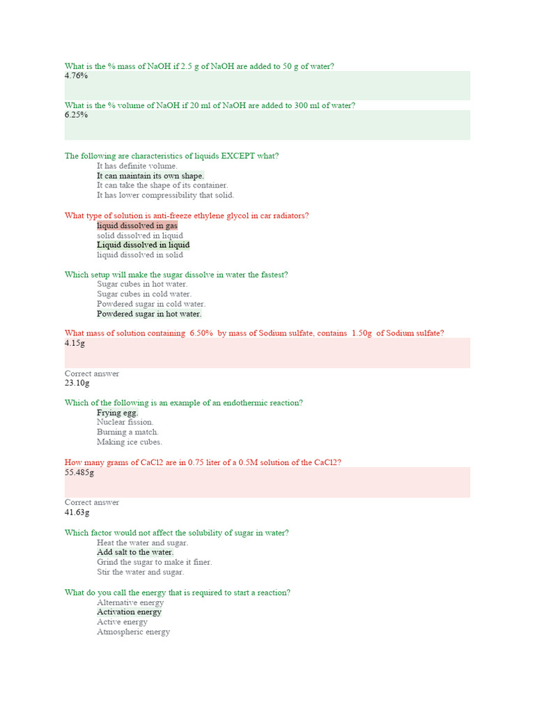 Chem Quiz Ans Key | PDF | Chemical Reactions | Sodium Hydroxide