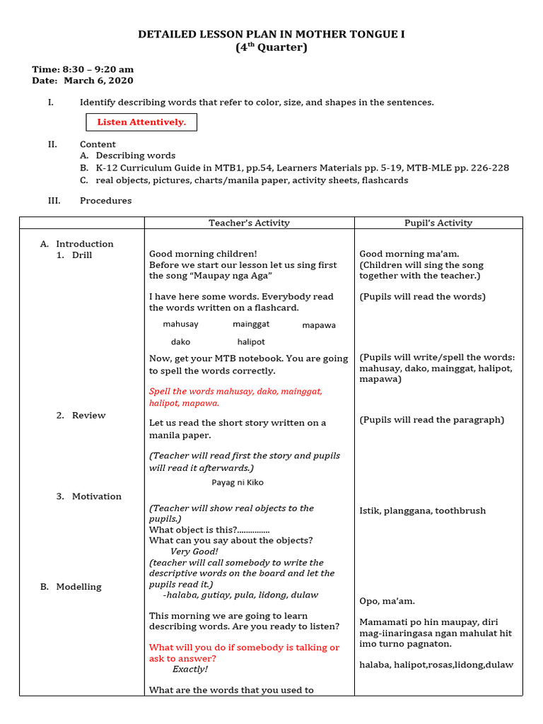 Detailed LP in MTB 4TH | PDF | Human Communication | Teaching