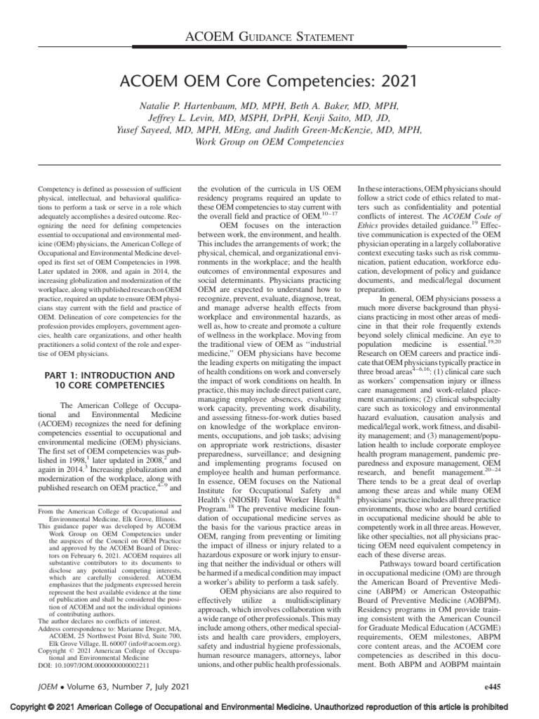 ACOEM OEM Core Competencies 2021-19 | PDF | Occupational Safety And ...