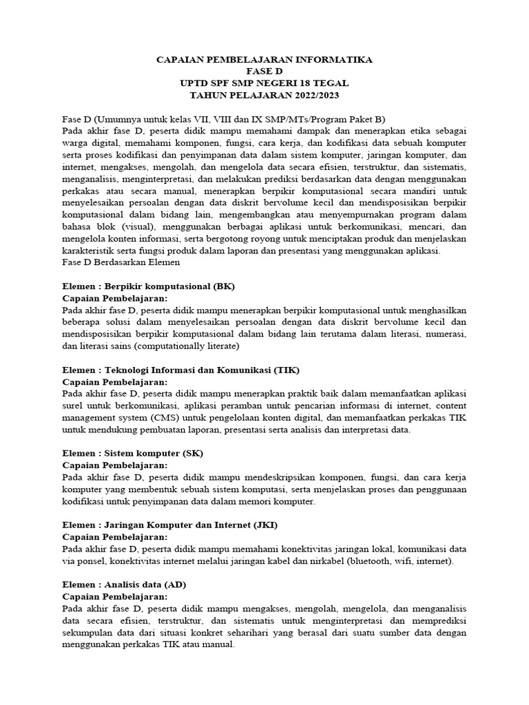CAPAIAN PEMBELAJARAN INFORMATIKA FASE D tgh | PDF