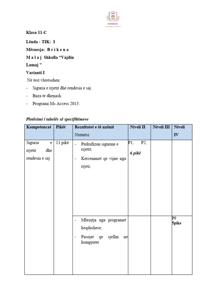 Tabela e Specifikimeve | PDF