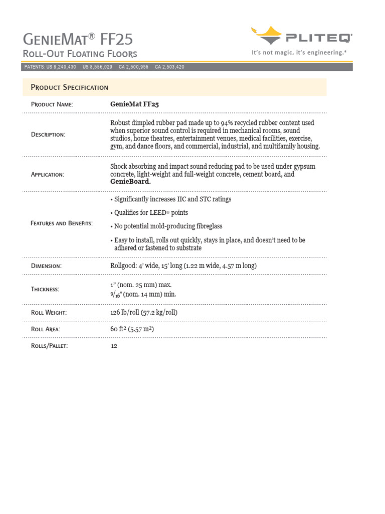 NA Pliteq GenieMat FF25 Product Spec Guide - Digital Rev. 1 2 | PDF | Concrete | Physical Sciences