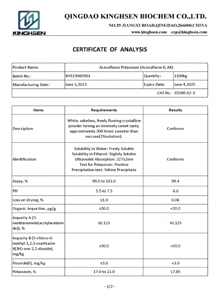 COA - Acesulfame Potassium - AK - KHS | PDF