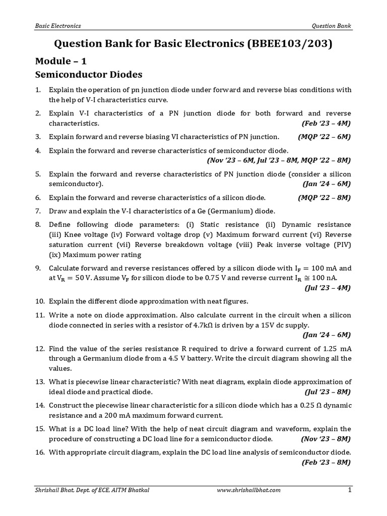 Basic Electronics (BBEE103/BBEE203) - Question Bank - VTU | PDF | Rectifier | Bipolar Junction ...