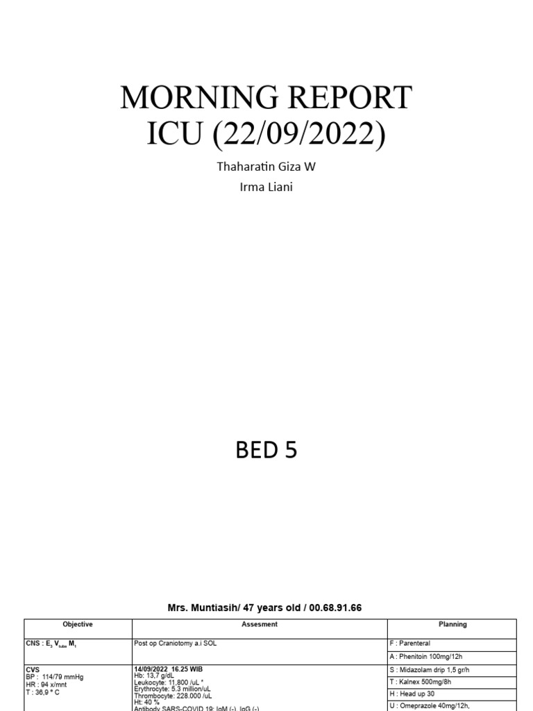 MORNING REPORT ICU 22 September | PDF | Medical Specialties | Clinical ...