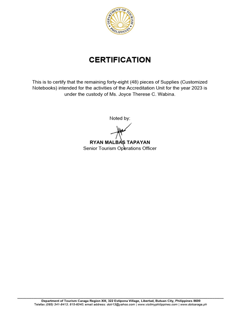 Custody Certification for Supplies | PDF