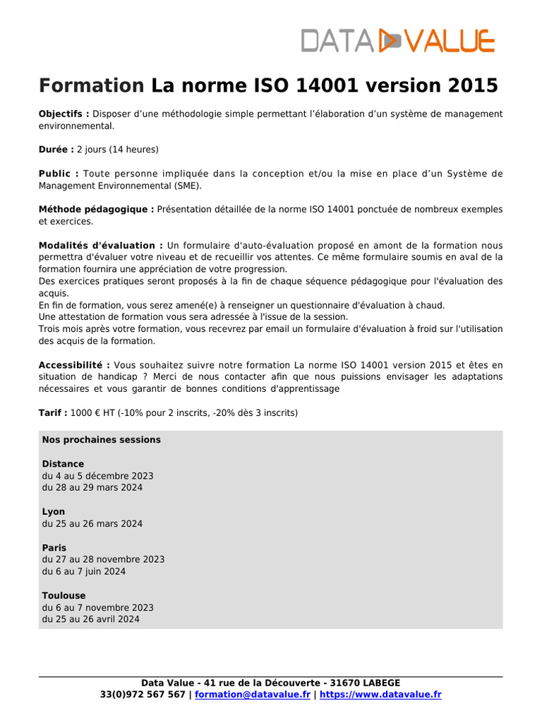 Formation ISO 14001:2015 en 2 jours | PDF | Gestion des ressources ...
