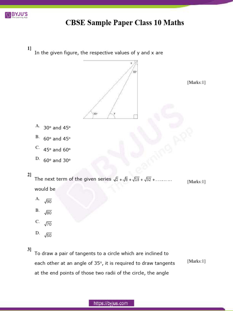 CBSE Class 10 Maths Sample Paper Set 4 | PDF | Area | Circle