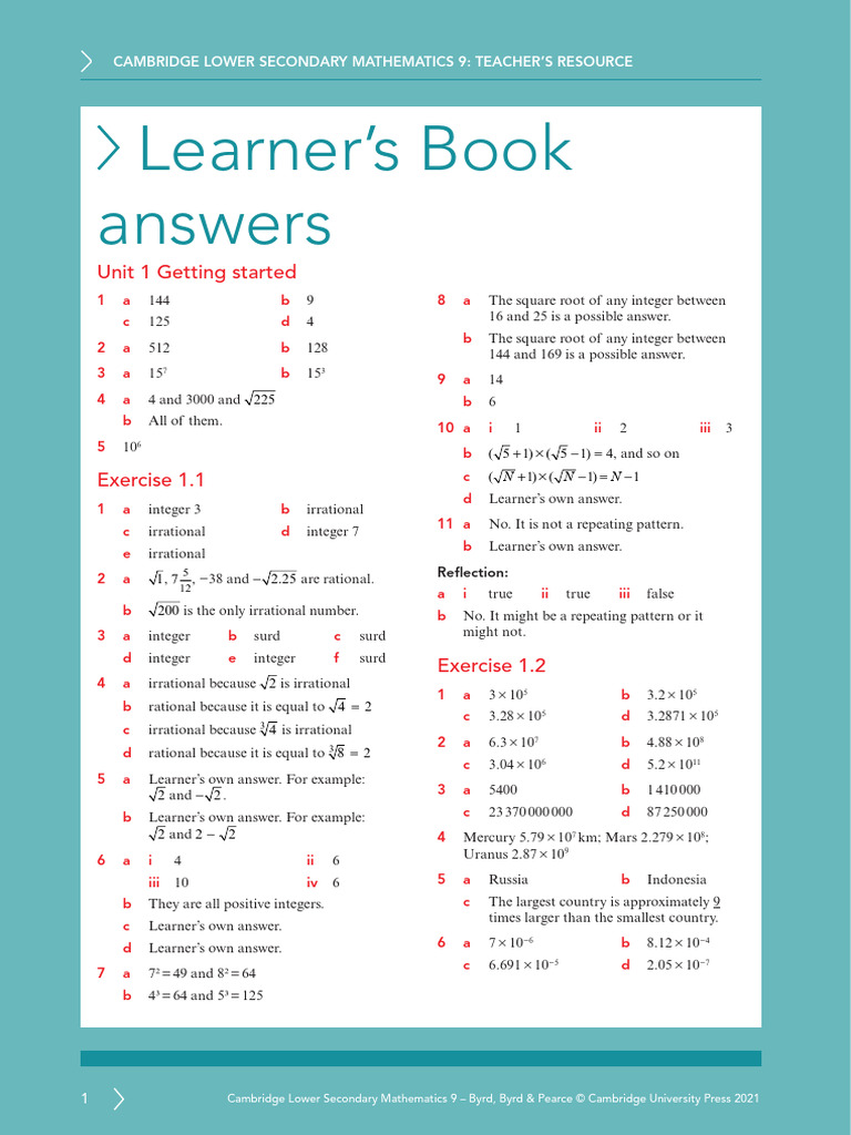 LearnersBook Unit 1 Answers | PDF | Rational Number | Square Root