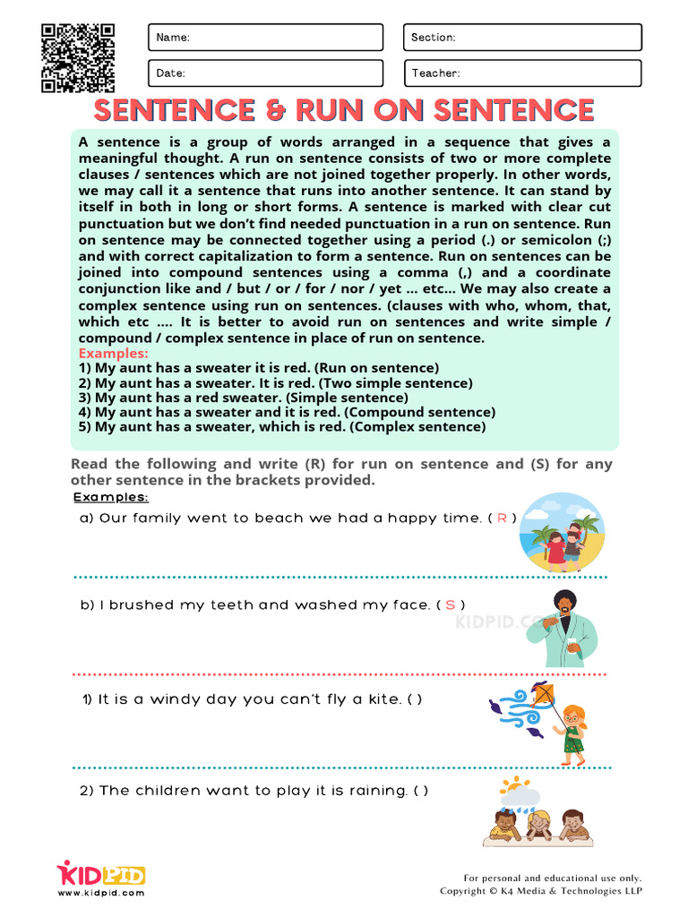 Run On Sentence Printable Worksheets For Grade 2 | PDF | Sentence ...