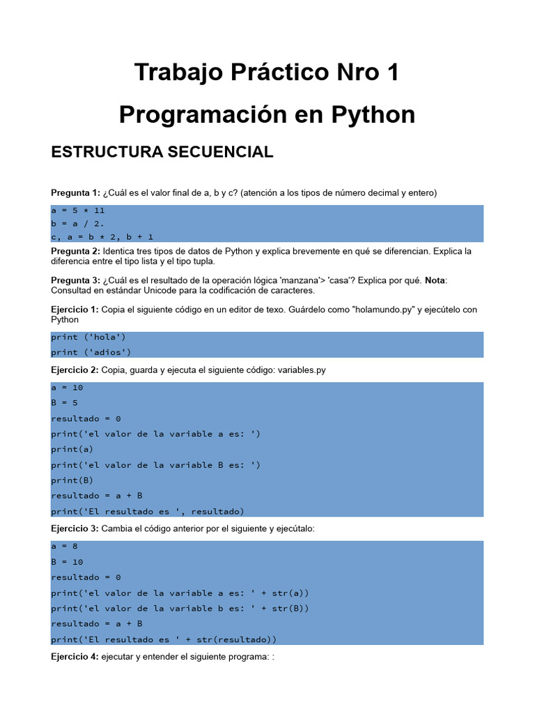 Trabajo Práctico Estructuras Secuenciales Python | PDF