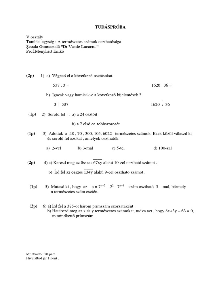Divizibilitatea Numerelor Naturale - Test de Evaluare Formativa - Lma | PDF