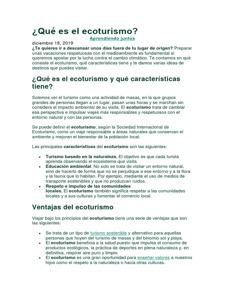 Definición y características del ecoturismo | PDF | Turismo | Entorno ...