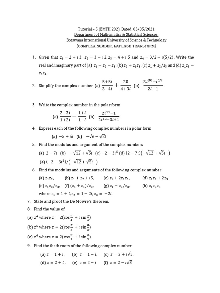EMTH202 Tutorial6 Week3MAY2021 | PDF | Complex Number | Mathematical Relations
