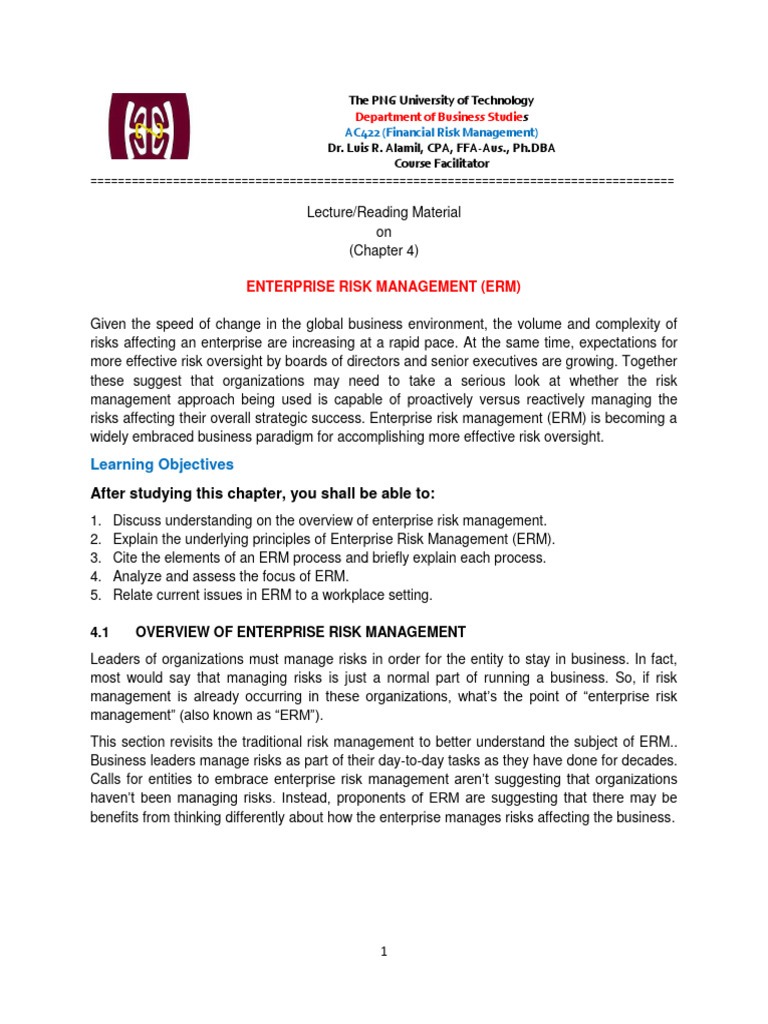 Chapter 4-Enterprise Risk Management (Erm) | PDF | Enterprise Risk Management | Risk Management