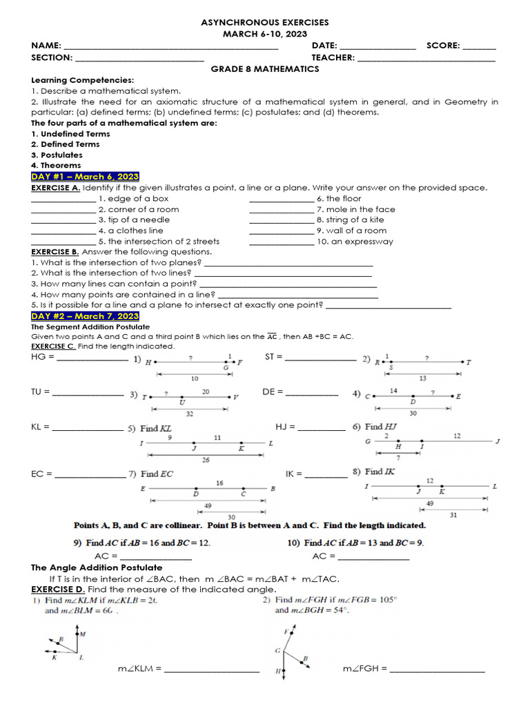 Asynchronous Exercises Grade 8 Mathematics | PDF | Line (Geometry) | Mathematical Proof