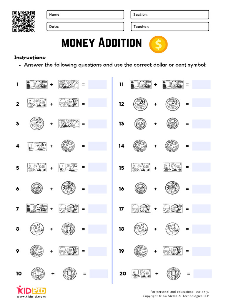 Money Addition Subtraction Worksheets | PDF