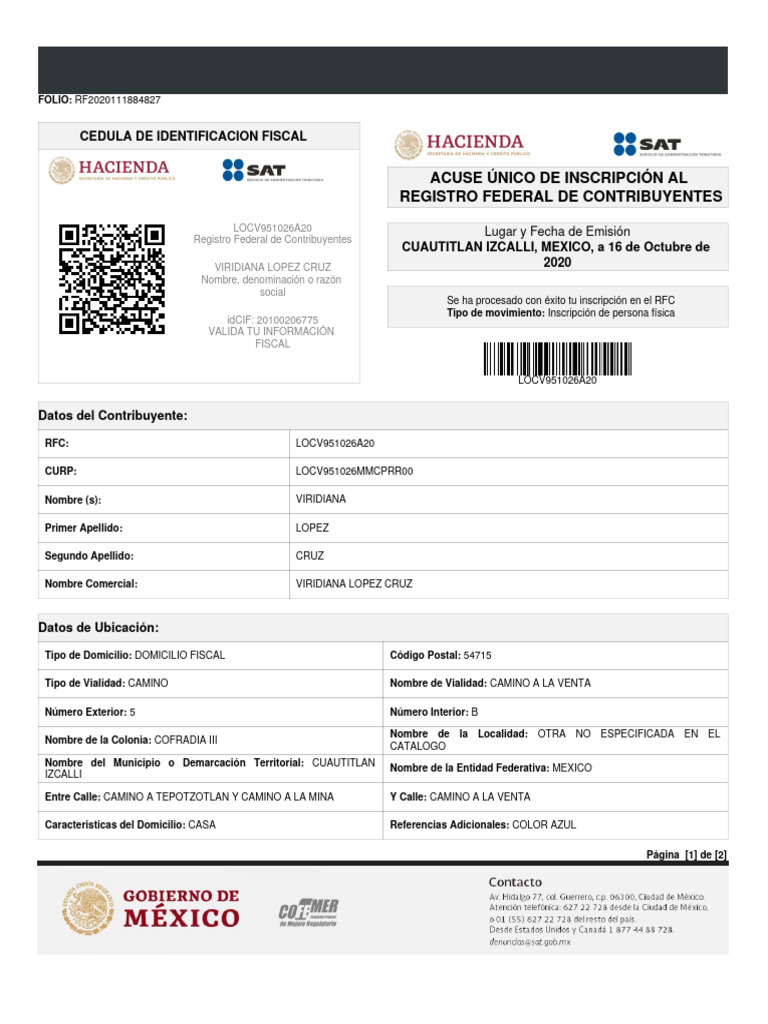 Acuse Único de Inscripción Al Registro Federal de Contribuyentes ...