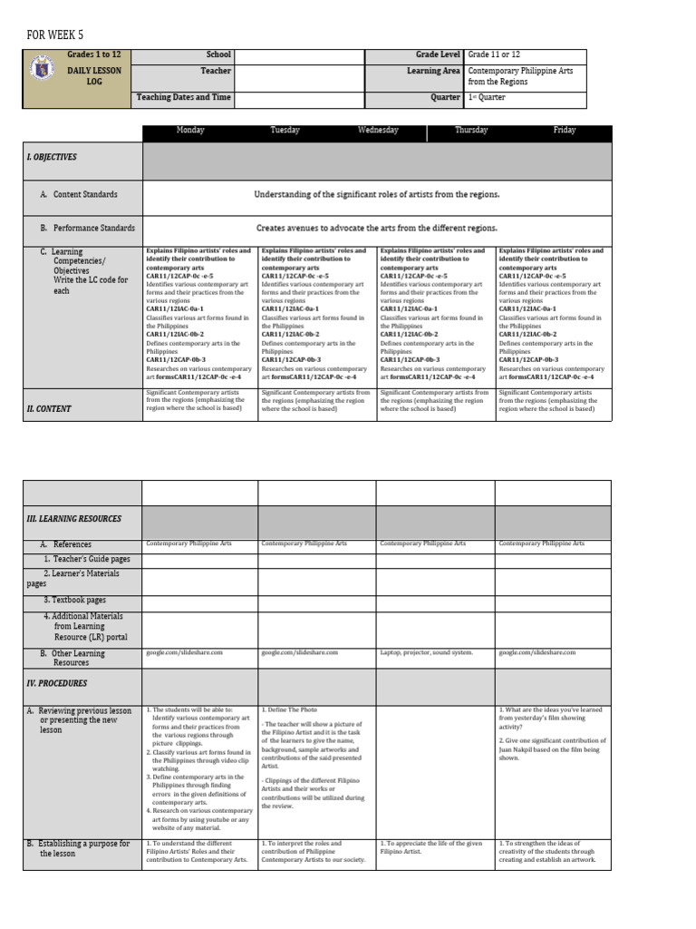 Contemporary Week 5 DLL PDF Free | PDF | Learning | Teachers