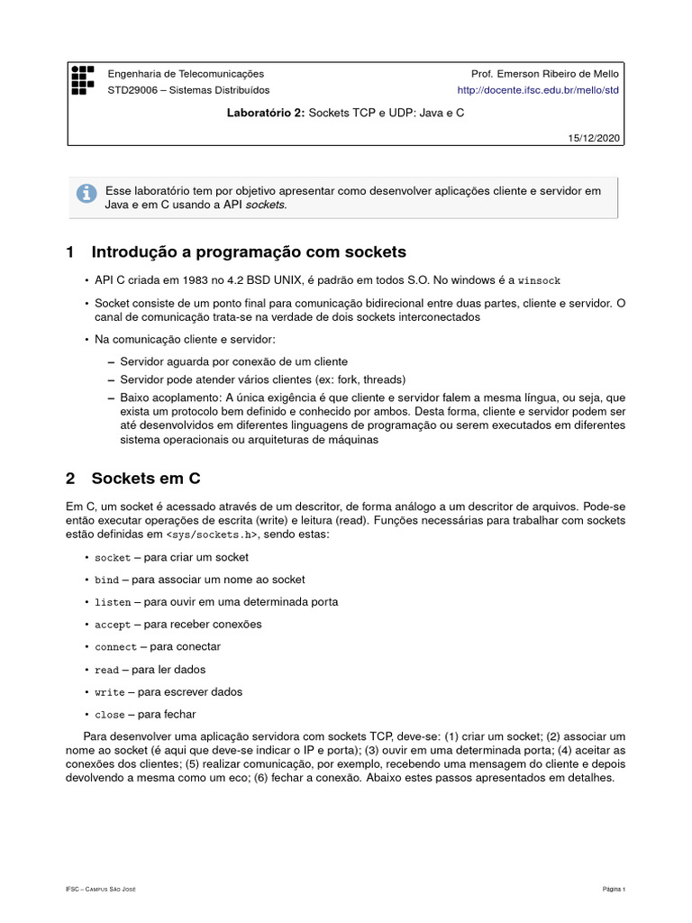 STD Lab Sockets | PDF | Soquete de rede | Porta (rede de computadores)