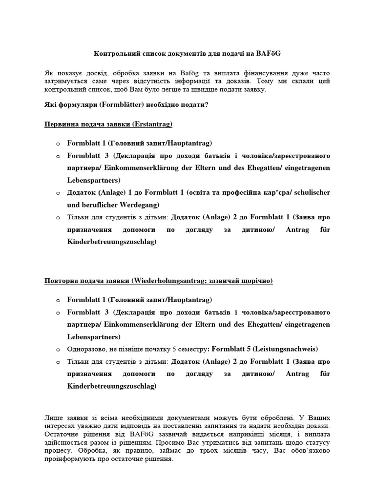 Checkliste BAFöG UA Version | PDF